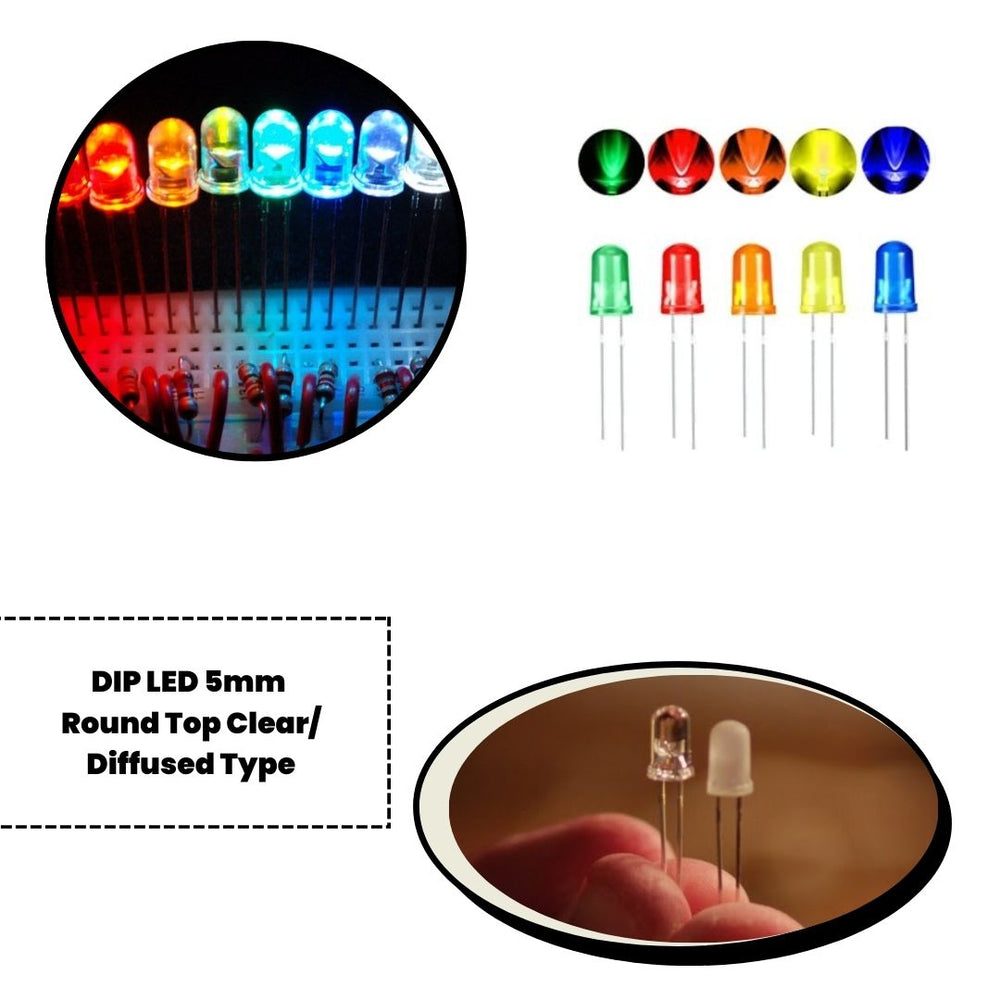 DIP LED 5mm Round Top Clear/Diffused Type - Bright LEDs for DIY Projects