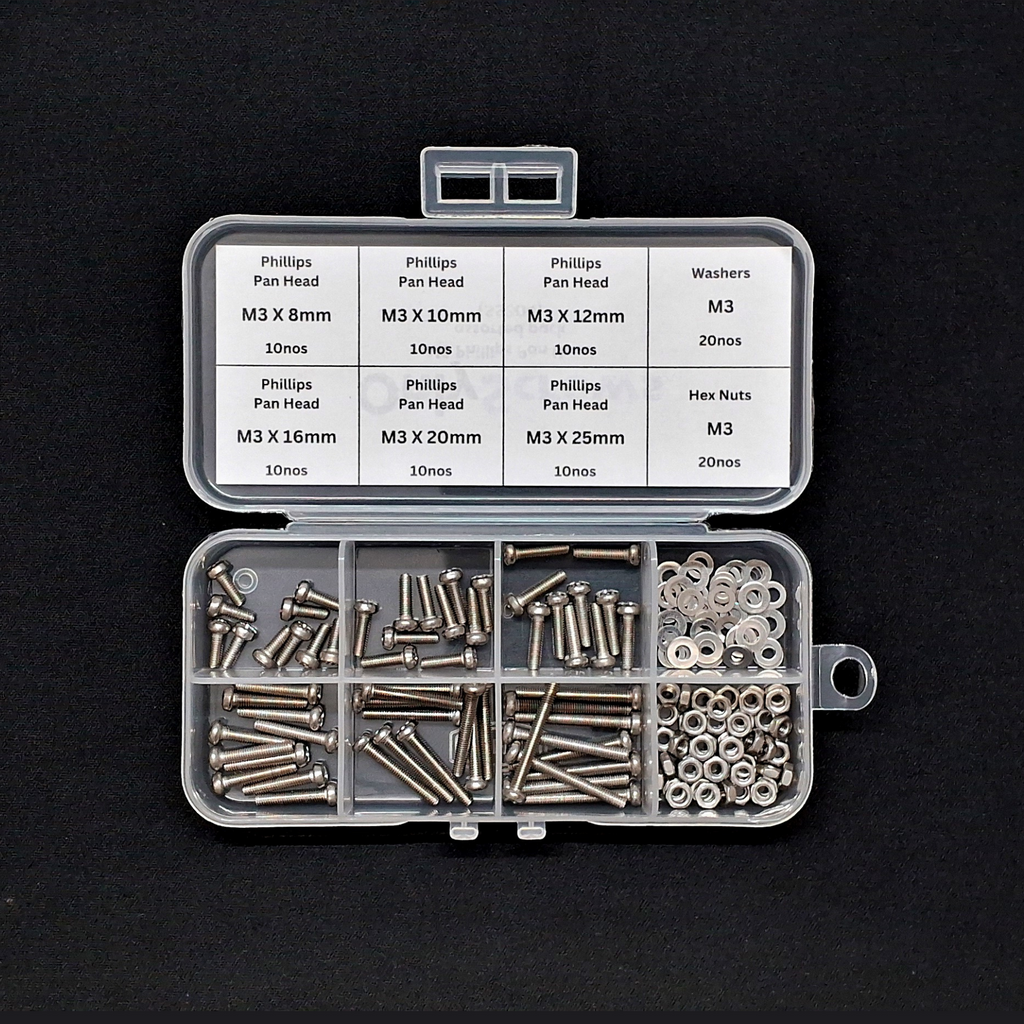 100pcs M3 Assorted Nut-Bolt-Washer Screw Pack Kits (SS304)