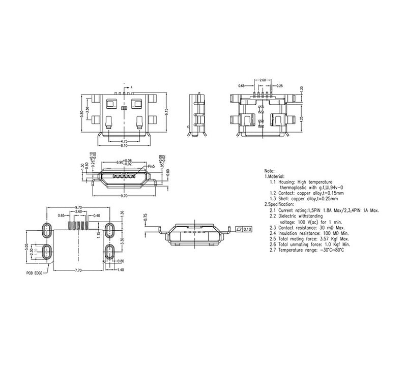 5-Pin Micro USB Type-B Female Socket 180 Degree SMD SMT Soldering Jack