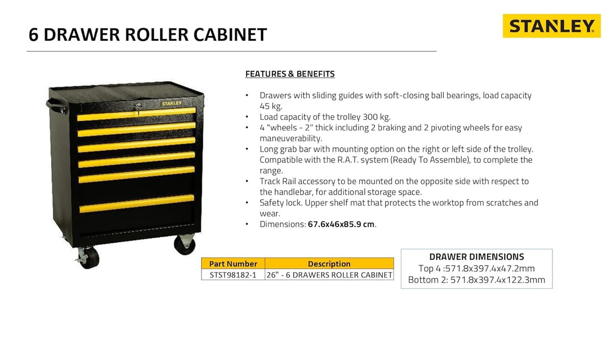 STANLEY STST98182-1 26" 6 Drawer Roller Cabinet Tool Chest – Mobile ...