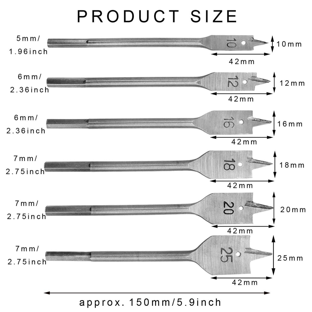 6pcs 10-25mm Spade Drill Bits Set Flat-Head Hex-Shank Hole Puncher Too