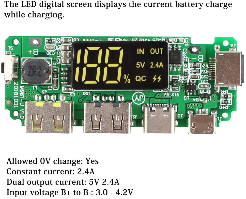 18650 5V 2.4A Dual USB + Type-C + Micro + Lightning/Apple USB Power Ba